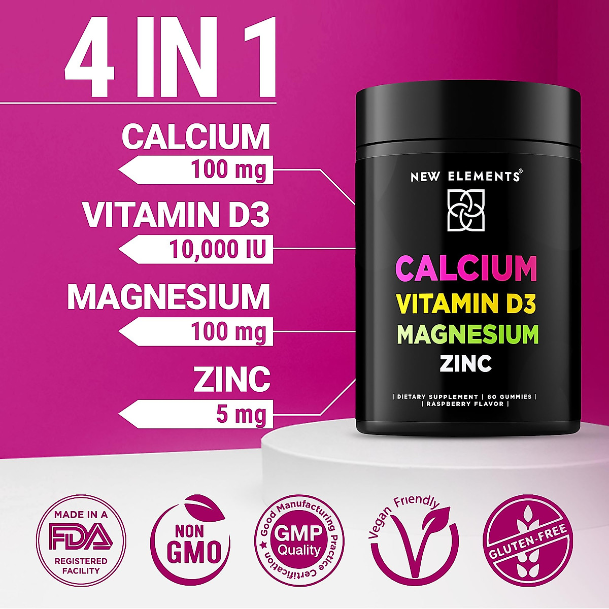 New Elements Calcium Gummies with Vitamin D3, Magnesium, and Zinc - 60 Count