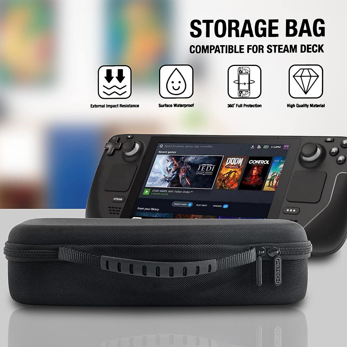 Stream Deck Carrying Case,Game Traveler Steam Deck Case, Protective Hard Portable Travel Carry Case Shell Pouch with Pockets for Accessories and Game Cases in a Recessed Space - Black