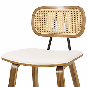 Counter Height Bar Stools Set of 2, Mid Century Modern Counter Stools, 26" Wood Kitchen Stool PU Leather Upholstered Barstool with Rattan Back, Counter Height Island Dining Bar Chair, Cream White