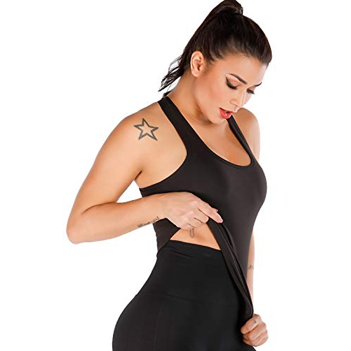 RUNNING GIRL Tank Top for Women, Workout Ribbed Black Sports Bra Racerback Long Tank Tops Loose Fit Plus Size (BX2356 Black.CN:XL,US:L)