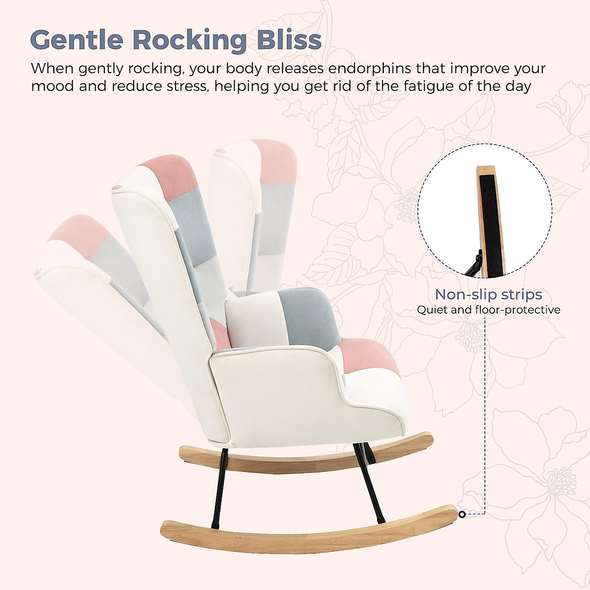 Tatub Rocking Chair Nursery, Upholstered Rocking Chair Indoor with High Backrest and Wooden Base, Modern Glider Chair for Nursery, Living Room, Bedroom, Office （Patchwork Linen Pink）