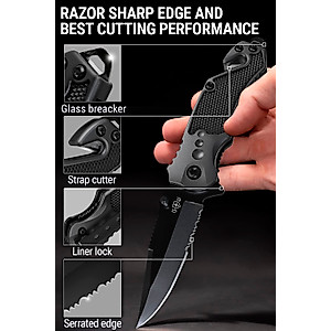 Bundle of 2 Items - 2,95” Serrated Blade Pocket Knife - Black Folding Knife with Glass Breaker and Seatbelt Cutter - Small EDC Knife - Dull Not-Sharp Blade - Skeleton Dull Trick Butterfly Knifes