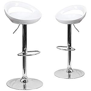 Flash Furniture Wilson 2 Pack Contemporary White Plastic Adjustable Height Barstool with Rounded Cutout Back and Chrome Base