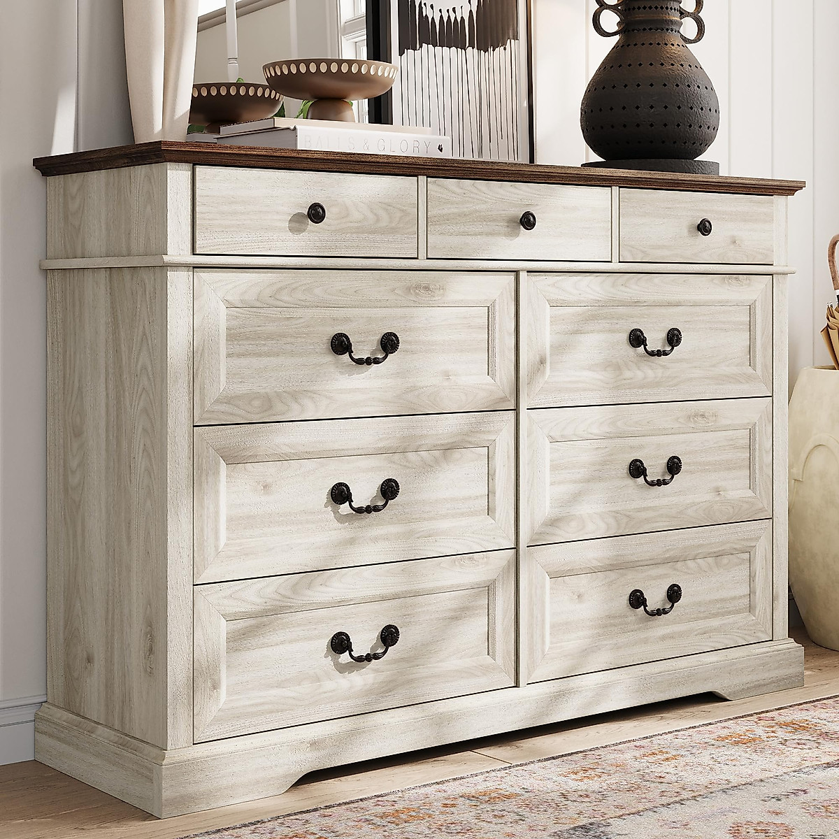 LINSY HOME Farmhouse 9 Drawers Dresser for Bedroom, Wood Bedroom Dresser Wide Chest of Drawers, French Country Storage Double Dressers Organizer for Bedroom, Living Room, Beige