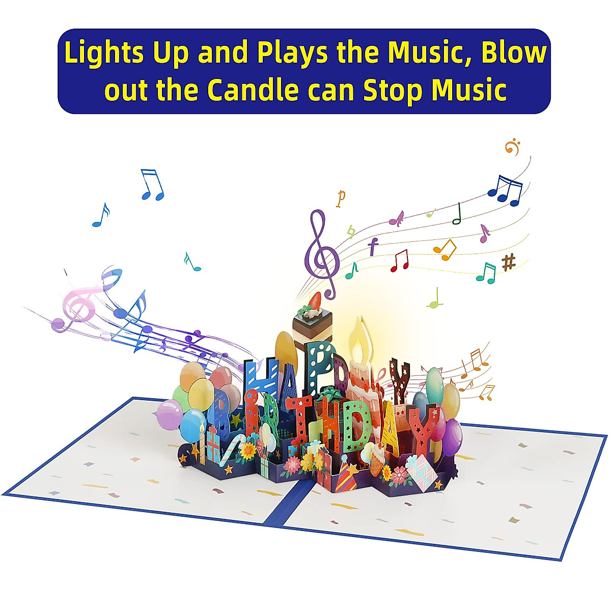 BlueDex Birthday Card, 3D Lights and Music Pop Up Birthday Card, with Blowable LED Candle and Colorful Breathing Lights, Birthday Cards for Women Men Husband Wife Kids Mom Dad