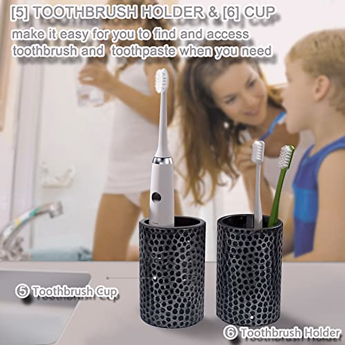 LKKL Bathroom Accessory Set-7 Pcs Bathroom Accessories Set with Bathroom Trash Can, Soap Dispenser Set,Bathroom Tray,Bathroom Canister for Qtip Holder, Toothbrush Holder,Tumbler,Soap Dish-Silver