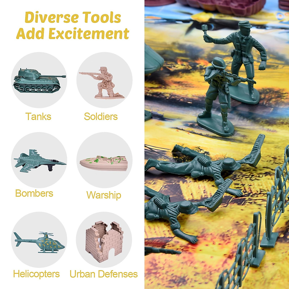 FUN LITTLE TOYS 180PCS Army Men Action Figures Army Toys of WW 2, Toy Soldiers, Military Playset with a Map, Toy Tanks, Planes, Flags, Soldier Figures, Fences & Accessories Xmas Decoration