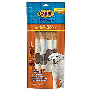 Cadet Gourmet X-Large Triple-Flavored Beef Hide Shish Kabob Dog Treats - Healthy & Natural Chicken, Liver, and Sweet Potato Dog Treats for Dogs Over 30 Lbs., 10 in. (4 Count)