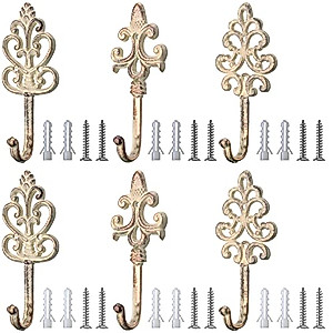 6 Pieces Shabby Chic Cast Iron Decorative Wall Mounted Hooks Retro Hanging Hooks Rustic Wall White Bathroom Towel Hooks with Screws and Anchors for Hanging Coat Towel, 3.15 x 7 Inch