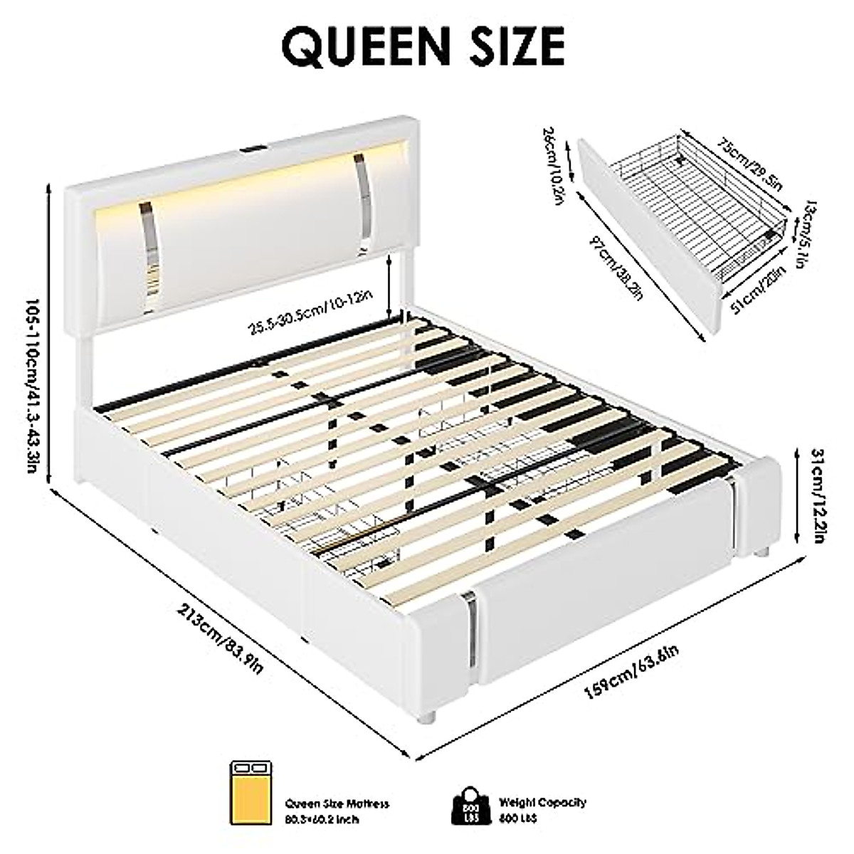 Queen Bed Frame with RGB LED Lights Headboard & 2 Storage Drawers, Modern Upholstered Faux Leather Smart Platform Bed with Iron Metal Decor, USB & USB-C Charging Ports, No Box Spring Needed, White