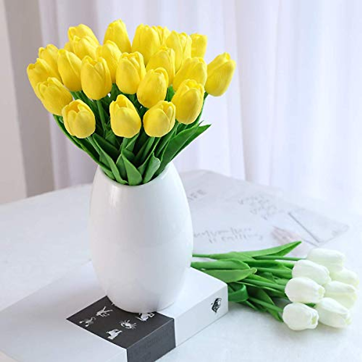 Hawesome 30pcs Artificial Latex Tulips Flowers Faux Tulip Stems PU Real Touch Tulips for Wedding Party Home Decoration (Yellow)