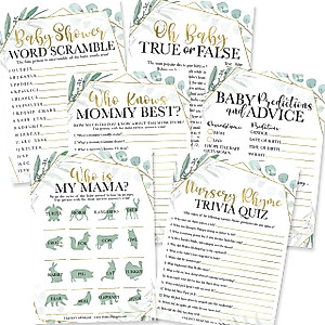 25 Greenery Animal Matching, 25 Nursery Rhyme Game, 25 Word Scramble For Baby Shower, 25 True Or False Game, 25 Who Knows Mommy Best, 25 Baby Prediction And Advice Cards - 6 Double Sided Cards
