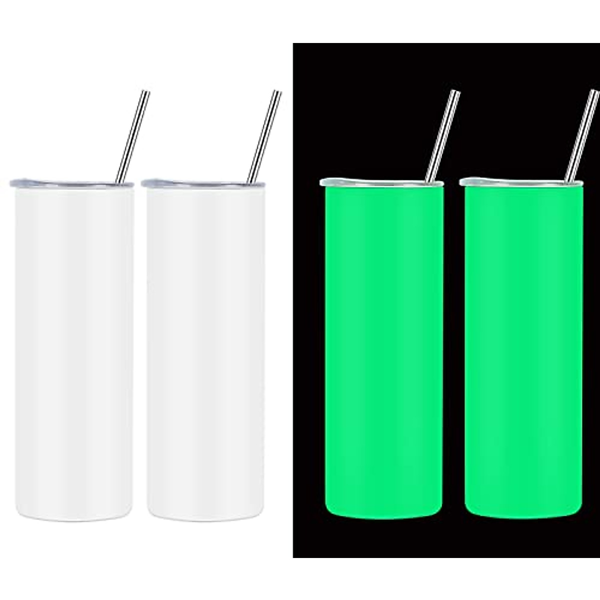Glow in the Dark Sublimation Tumbler 20 Oz Skinny Straight, 4 Pack Luminous Skinny Tumbler Bulk for Sublimation with Shrink Wrap, Stainless Steel Skinny Sublimation Tumbler Glow in the Dark, White