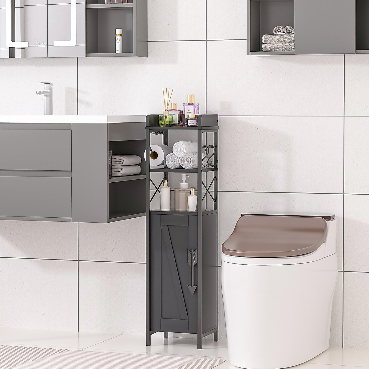 VECELO Small Bathroom Cabinet,Slim Toilet Paper Holder with Door&Metal Scroll, Upgraded Narrow Storage Organizer for Restroom Bathroom Tiny Space,Fenced Top Waterproof Coating,Black