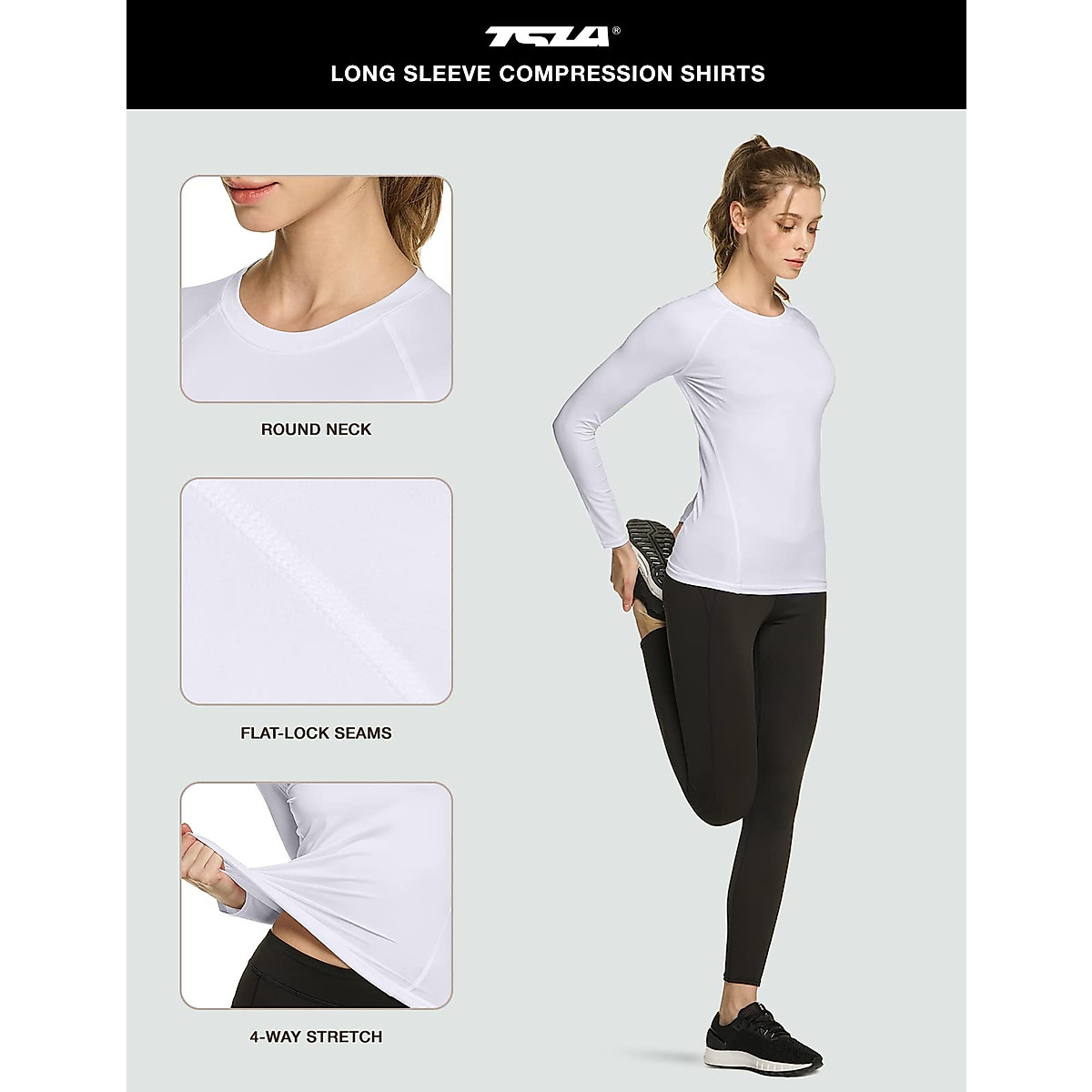 TSLA Women's Sports Compression Shirt, Cool Dry Fit Long Sleeve Workout Tops, Athletic Exercise Gym Yoga Shirts, 3pack White/White/White, Medium