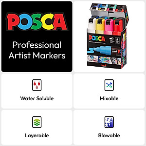 三菱鉛筆 Mitsubishi Pencil Posca PC8K8C Water-Based Pen, Broad Point, Square Core, 8 Colors