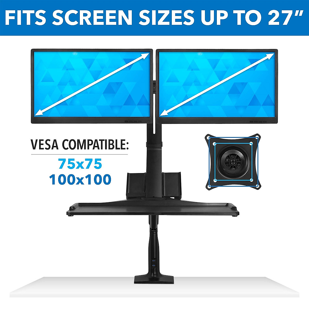 Mount-It! Dual Monitor Sit Stand Workstation with Gas Spring Arm | Height Adjustable Standing Desk Converter | 2 Integrated USB 3.0 Ports | VESA 75 100 | C-Clamp and Grommet Base