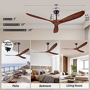 Chriari 70'' Ceiling Fan with Remote/App/Voice Control, Wood Ceiling Fan with 3 Walnut Blades and Reversible DC Motor, Supports 5 Speeds and Smart Timing, Compatible with Alexa/Google Assistant