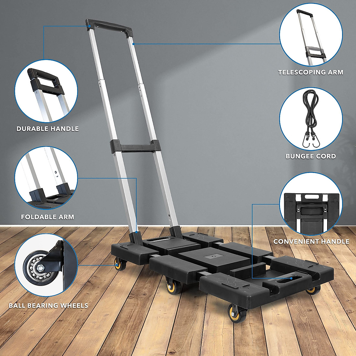 Mount-It! Folding Hand Truck Dolly Cart | Lightweight Foldable Cart with Wheels Heavy Duty with Elastic Cord for Luggage, Travel Moving, Office and Light Industrial Use
