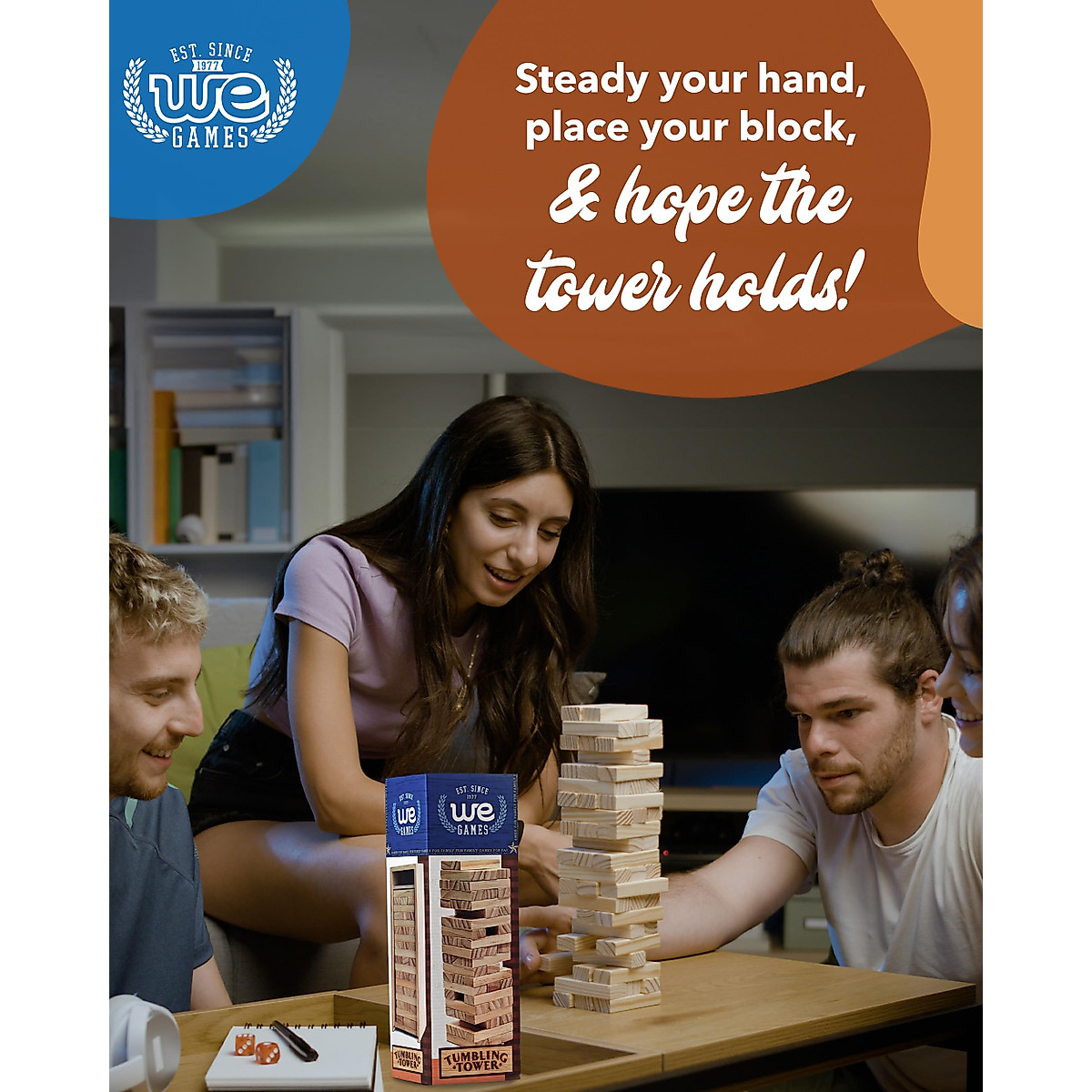 WE Games Wooden Block Stacking Party Game for Adults, Tumble Tower Wedding Guest Book Alternative, Tabletop Games, Includes Storage Case, 12 inches