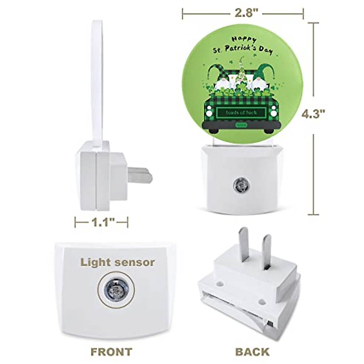 St.Patrick Day Gnomes Truck Night Lights Plug into Wall, Buffalo Plaid Green Shamrocks Auto Round LED Lights with Dusk to Dawn Sensor for Bedroom, Bathroom, Hallway, Kitchen, Kids, Home Decor