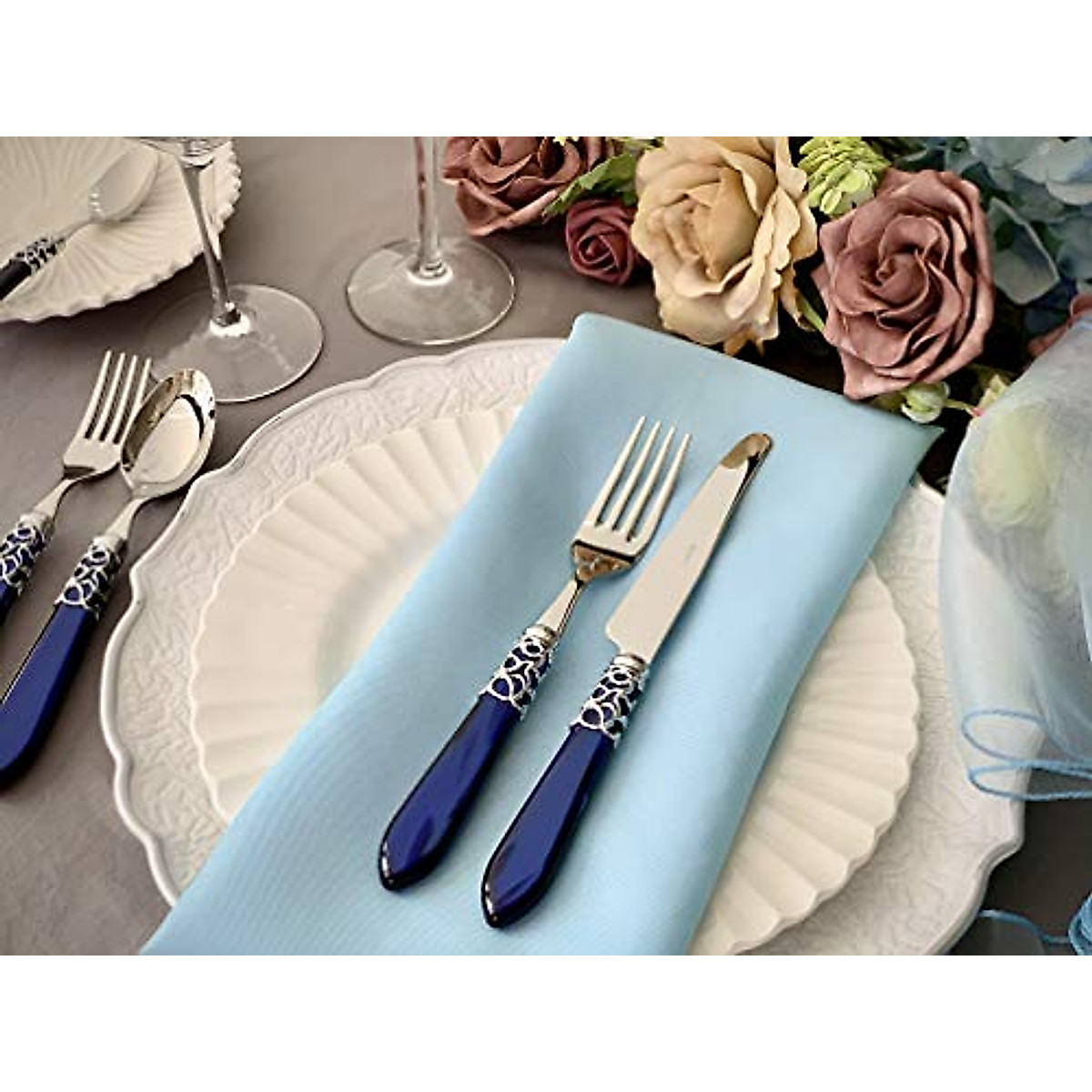 Casa Bugatti Italy Melodia Brilliant 5 Piece Place Setting flatware set cutlery dinnerware silverware (Melodia royal blue)