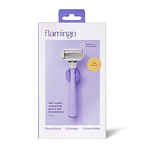 Flamingo Women's 5 Blade Razor: Lilac Razor Handle with Shower Holder + 2 Razor Blade Refills, 3 Piece Set
