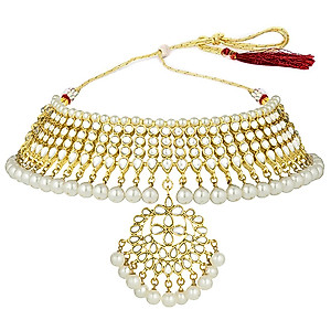 Aheli Kundan Pearls Designer Necklace Earrings Maang Tikka Set Indian Traditional Ethnic Engagement Wedding Party Wear Jewelry for Women