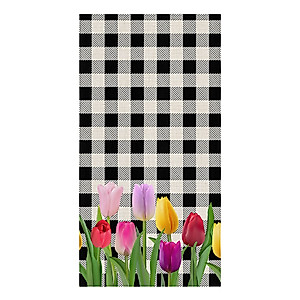 Mother's Day Kitchen Dish Towel Set of 1, Spring Tulip Flower Floral Black White Buffalo Plaid Hand Towels, Ultra Soft Absorbent Drying Cloth Tea Towels for Kitchen Bathroom Bar Hotel 18 x 28 Inches