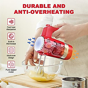 Bear Hand Mixer Electric, 5 Speed with Turbo Powerful Electric Hand Mixer with Storage Base, 4 Stainless Steel Accessories, Easy Eject, Red Mixer Electric Handheld for Whipping Dough Brownies Cream Cake & Cookies