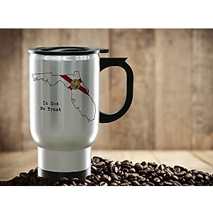 Florida In God We Trust Gifts and Souvenirs - Travel Mug with Handle and Lid - Florida Graduation Unique Drinkware - 14oz Travel Mug Steel - Best USA State Motto & Flag Gifts