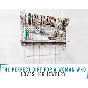 Comfify Rustic Jewelry Organizer – Wall Mounted Jewelry Holder w/Removable Bracelet Rod, Shelf & 16 Hooks – Perfect Earrings, Necklaces & Bracelets Holder – Rustic White