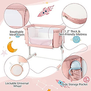 BABY JOY Bassinet Bedside Sleeper, 3 in 1 Folding Crib w/Adjustable Height, Mattress, Lockable Wheels, Storage Pocket & Carry Bag for Infant Newborn, Stationary & Rock, Portable Baby Bassinet (Pink)
