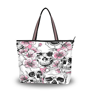 QMXO Sugar Skull Floral Flowers Pink Handbags and Purse for Women Tote Bag Large Capacity Top Handle Shopper Shoulder Bag