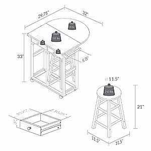 Casual Home Drop Leaf Breakfast Cart with 2 Stools-White, 32"D x 29.75"W x 33"H