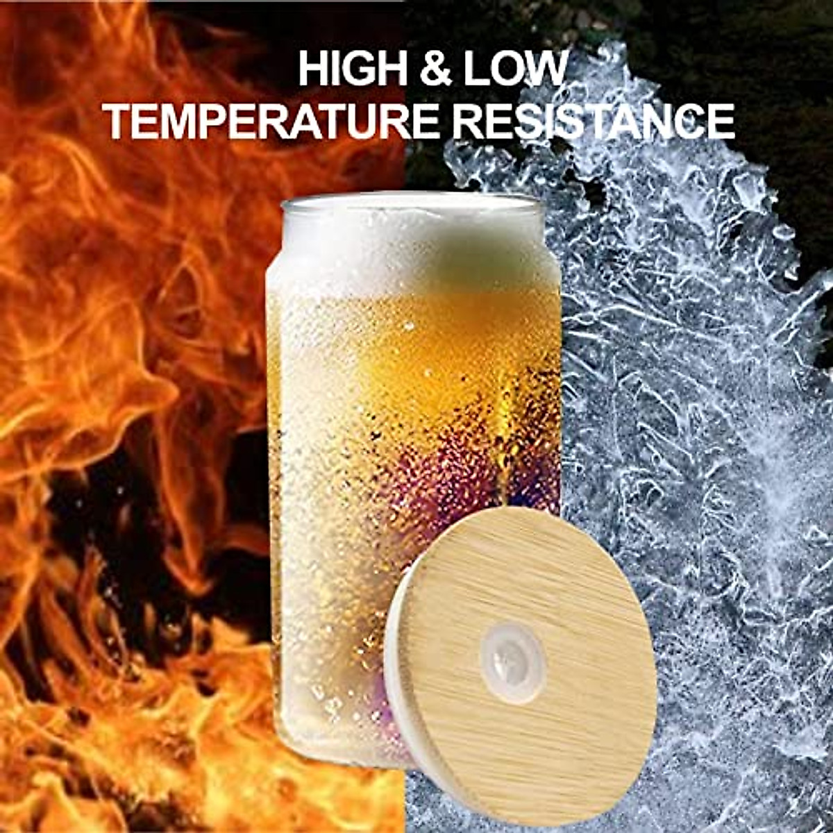 CAKRETY Glasses with Bamboo Lids and Glass Straw 4pcs Set, 16oz Can Shaped Glass Cups, Beer Glasses, Iced Coffee Glasses, Soda, Gift 2 Cleaning Brushes