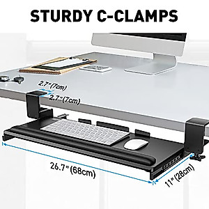 AboveTEK Large Keyboard Tray Under Desk with Wrist Rest, 26.7"×11" Ergonomic Desk Computer Keyboard Stand with Sturdy C Clamp Mount System, Slide-Out Drawer Keyboard Mouse Holder for Office(Black)