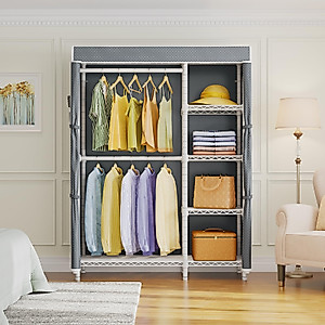 VIPEK V7C Basic Garment Rack with Cover Portable Closets for Hanging Clothes, Heavy Duty Clothes Rack with Shelves Metal Closet Wardrobe, Max 670lbs, White Rack with Grey Upgraded Polyester Cover