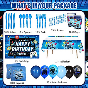 240Pcs Video Game Birthday Party Supplies, Video Game Birthday Party Decorations Include Banners, Cake & Cupcake Topper, Swirls, Backdrop, Tablewares, Balloons and Stickers (10 Guests)