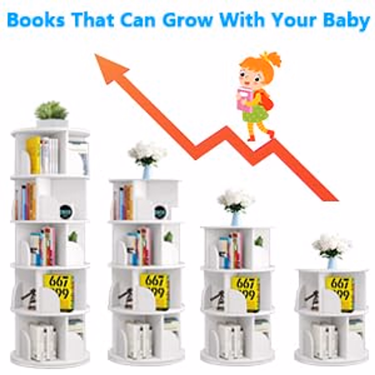 Rotating Bookshelf Tower, 360 Display 5 Tier Floor Standing Bookcase Storage Rack for Kids&Adults, Corner Bookshelf for Small Space, Book Shelf Rotating Bookcase for Bedroom, Living Room, Study