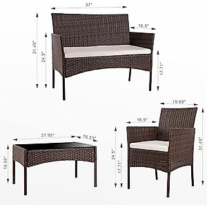 Shintenchi 4 Piece Outdoor Patio Furniture Sets, Small Wicker Patio Conversation Furniture Rattan Chair Set with Tempered Glass Coffee Table for Backyard Porch Garden Poolside Balcony