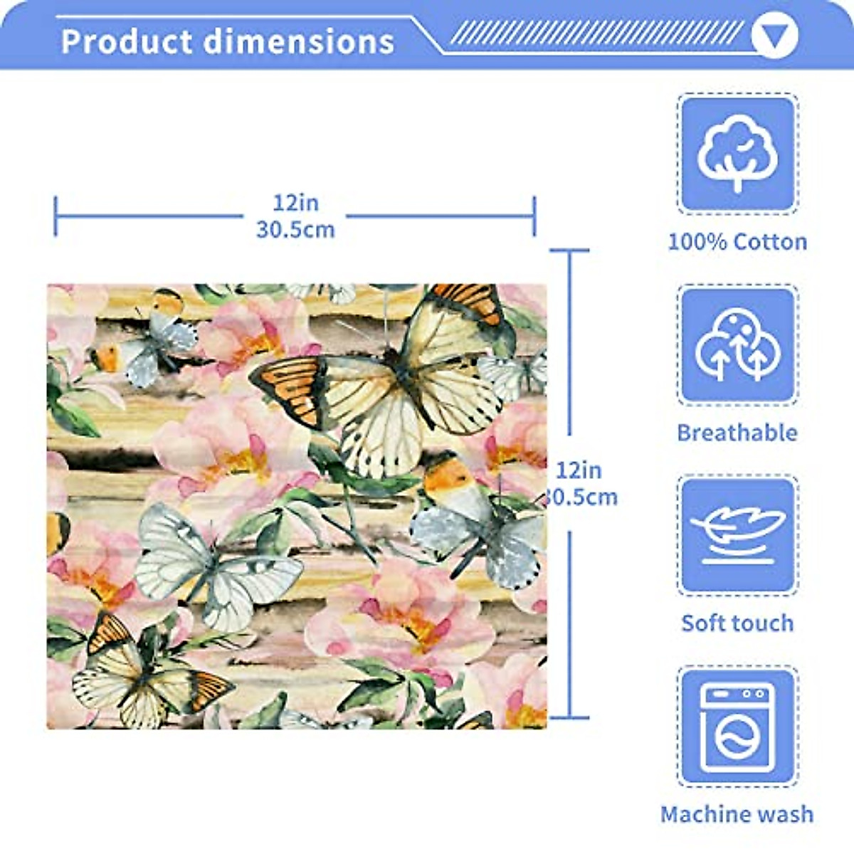 Butterfly Beige Washcloth 12x12in Set, 6 Pack Absorbent Cotton Towel Square Kitchen Dishes Towels, Soft Cleaning Face Hand Towel Fast Drying