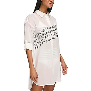 Karl Lagerfeld Paris Women's Standard Paris Logo Collared Swim Coverup, Soft White, Small