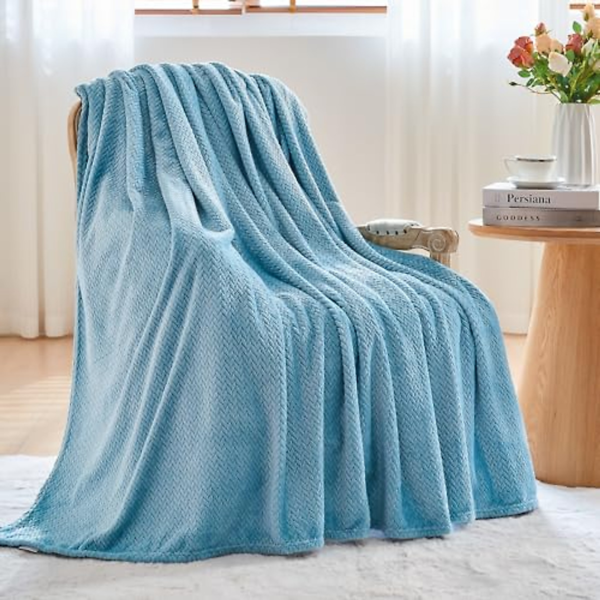 NEWCOSPLAY Super Soft Throw Blanket Light Blue Premium Silky Flannel Fleece Leaves Pattern Lightweight Bed Blanket All Season Use (Light Blue, Throw(40"x50"))