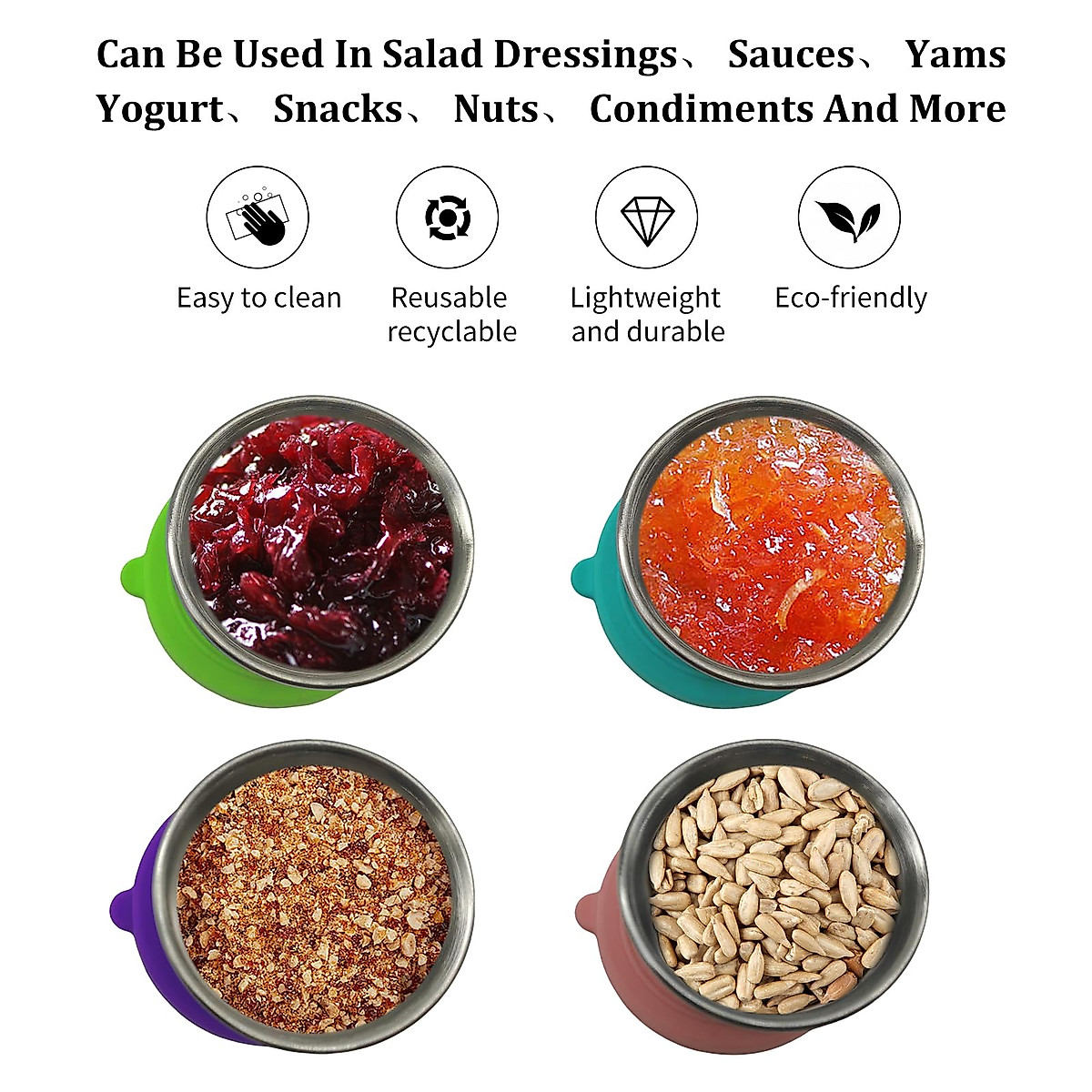 NANSHINE 8pcs Salad Dressing Container To Go, 2.4oz/70ml Stainless Steel Condiment Containers with 4 Colors Silicone Lids, Leakproof Dipping Sauce Cups For Lunch Box, Picnic, Travel