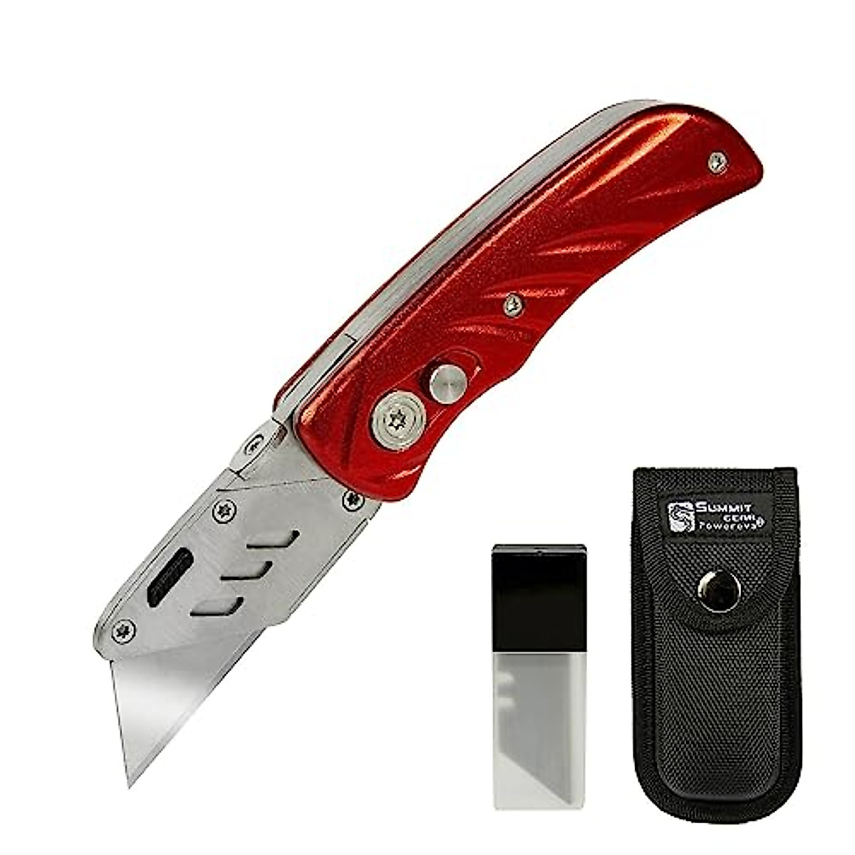 Folding Utility Knife/Box Cutter Stainless Steel with Clip + Nylon Pouch + 5 Extra SK5 Blades Red