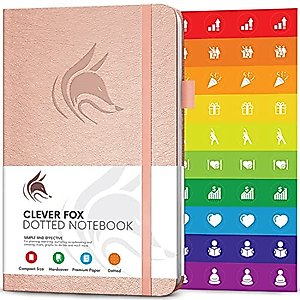 Clever Fox Dotted Notebook – Dot Grid Bullet Numbered Pages Hard Cover Notebook Journal With Thick 120g Paper and Pen Loop, Stickers, 3 Bookmarks, Smooth Faux Leather, 5'' x 8.25'' - Rose Gold