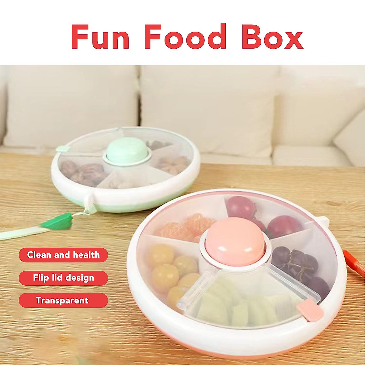 Snack Rotating Divider, Pinkish Fruit Spinner Organizer with Lid, Portable Livmo Snack Tray for Home Office Kids Lunch
