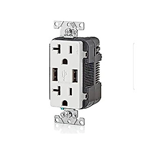 Leviton T5832-2BW USB Dual Type-A in-Wall Charger with 20 Amp, 125 Volt Tamper-Resistant Outlet, White