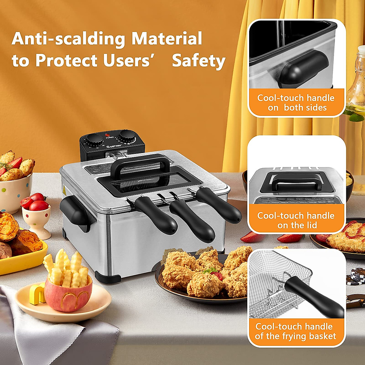 COSTWAY Deep Fryer with Basket, 5.3Qt Stainless Steel Electric Oil Fryer w/Adjustable Temperature, Timer, Lid with View Window, Professional Style, Deep Fryer Pot for Home Use, French Fries, Chicken